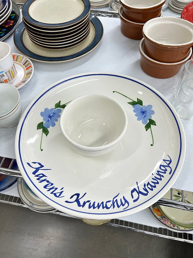 Karen's Krunchy Kravings plate whispers of potluck dinners past. One person's discard becomes another's conversation piece at their next gathering.