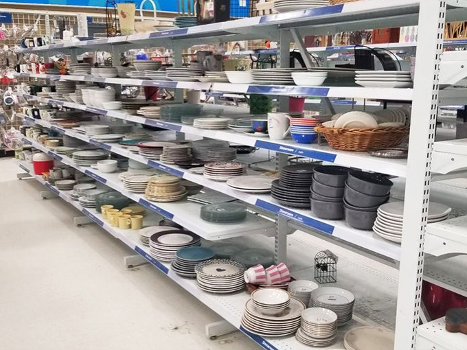 Dishware displays tell stories of dinner parties past. Those blue plates definitely served someone's famous lasagna at least a hundred times.