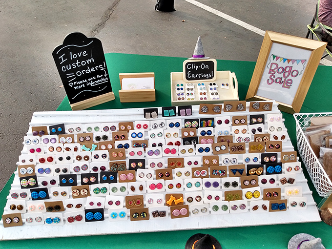 Clip-on earrings displayed like a colorful periodic table of fashion elements &ndash; something for every style scientist.