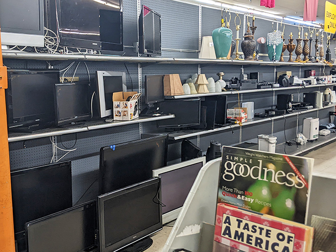 The electronics section: where yesterday's cutting-edge technology finds new purpose. That turquoise lamp would look fabulous in your guest room!