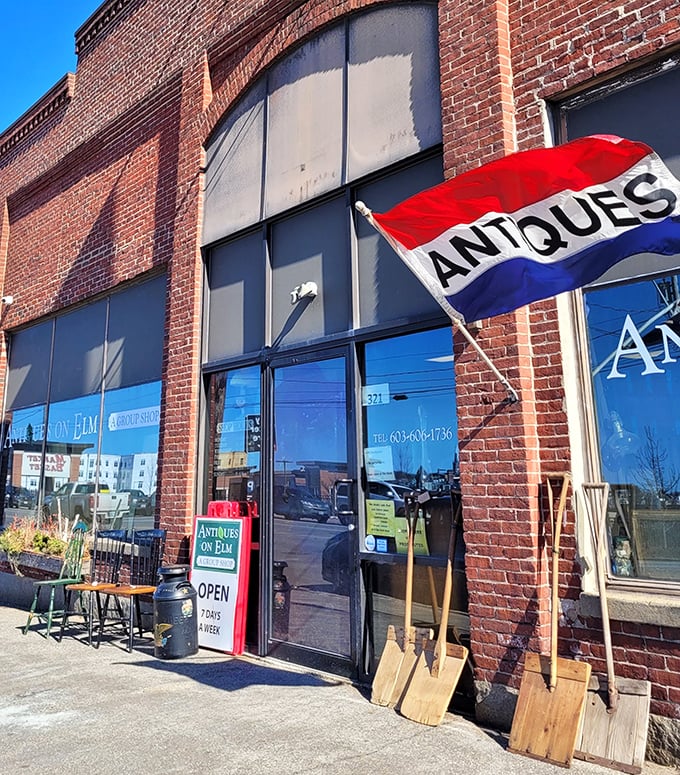 The welcoming storefront beckons with promises of treasures within. That antiques flag might as well be saying "Abandon all willpower, ye who enter here."