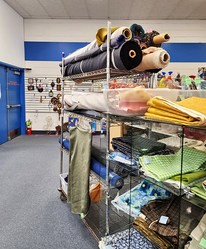 Fabric rolls stacked high whisper sweet promises to crafters and DIY enthusiasts with ambitious weekend project plans ahead.