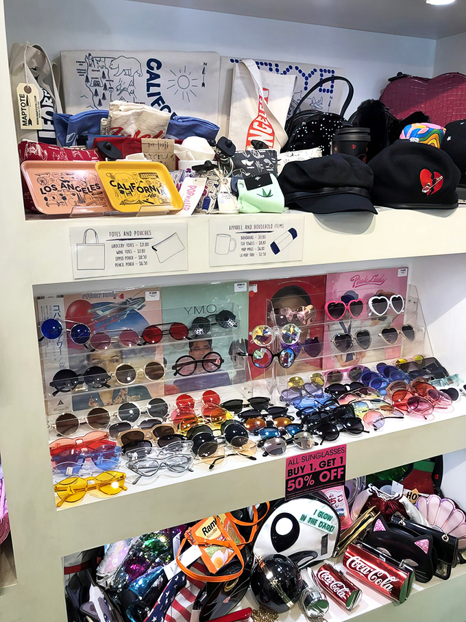 Accessory heaven where vintage meets modern meets quirky. Those heart-shaped sunglasses might just change your entire outlook on life.