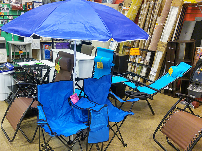 Summer relaxation headquarters&mdash;these blue chairs and umbrella combo promise backyard escapes without the resort price tag.