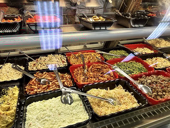 A rainbow of pasta salads, marinated vegetables, and antipasti make choosing sides almost as difficult as selecting your sandwich.