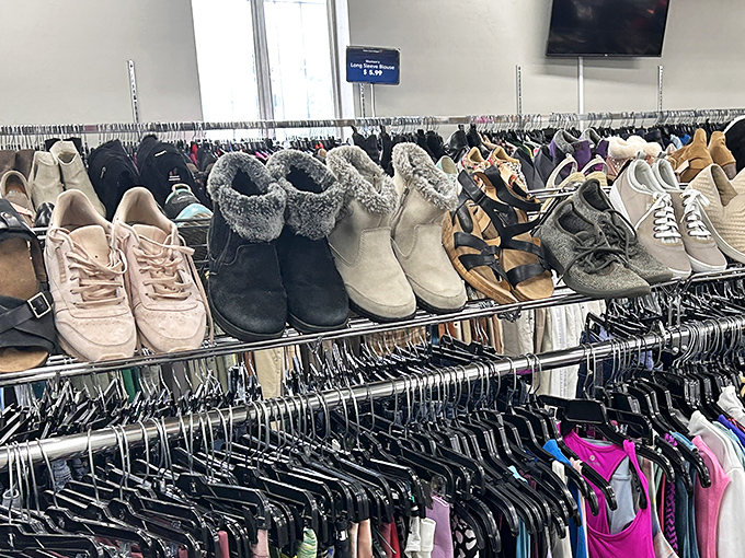 Boots and sneakers lined up like hopeful contestants on a dating show, each one perfect for somebody.