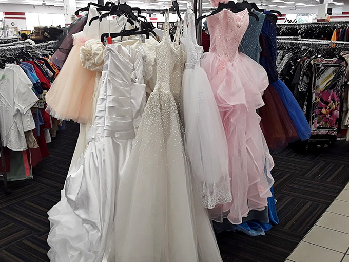 Wedding dress wonderland! From princess poufs to sleek silhouettes, these once-worn gowns await their next trip down the aisle.