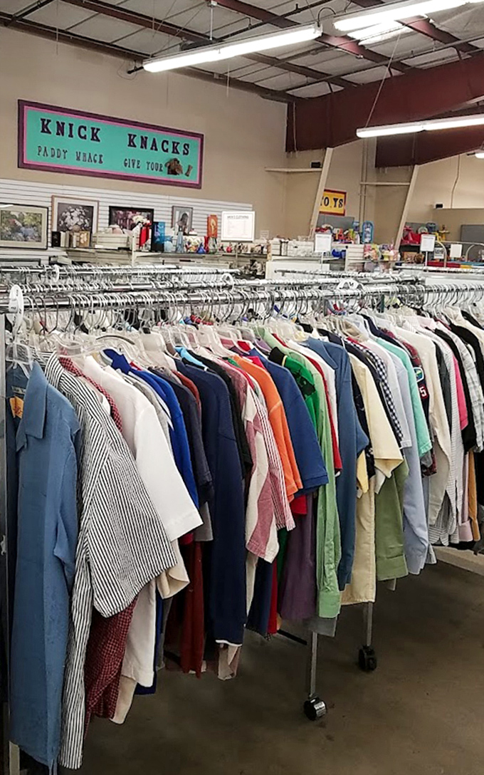 Men's shirts arranged by color create a rainbow of options for fashion-conscious bargain hunters. That vintage button-down might become your new favorite.