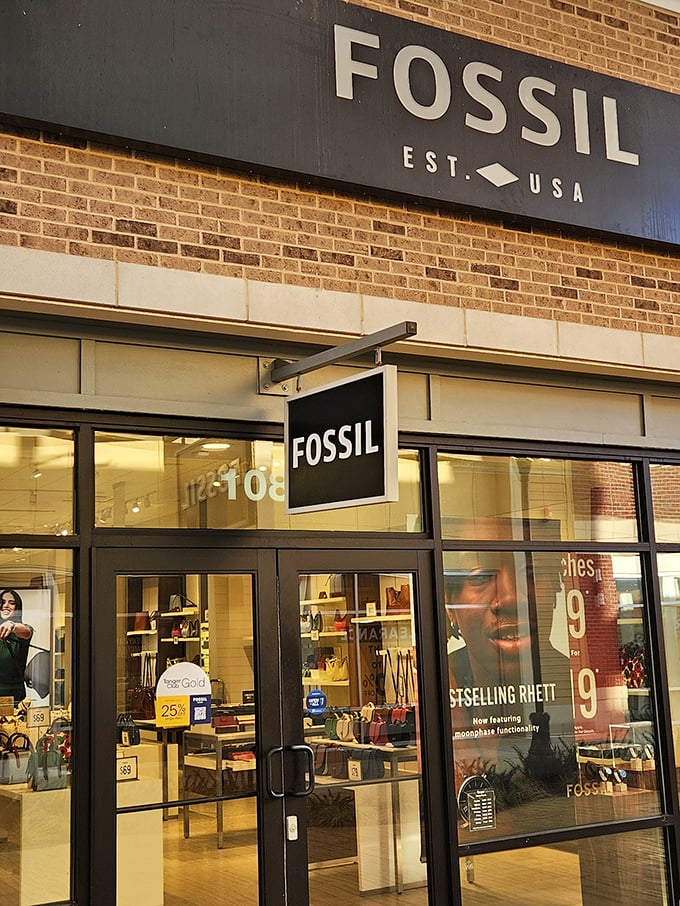 Fossil's storefront promises timeless accessories with contemporary flair—watches and leather goods that won't break the bank.