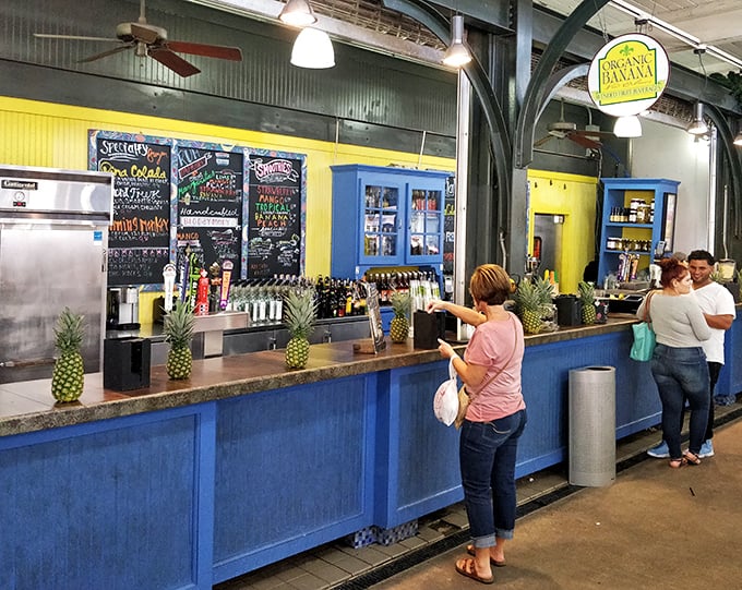 The fresh fruit smoothie stand offers tropical salvation on sweltering New Orleans days. Those pineapples aren't just for show, folks.