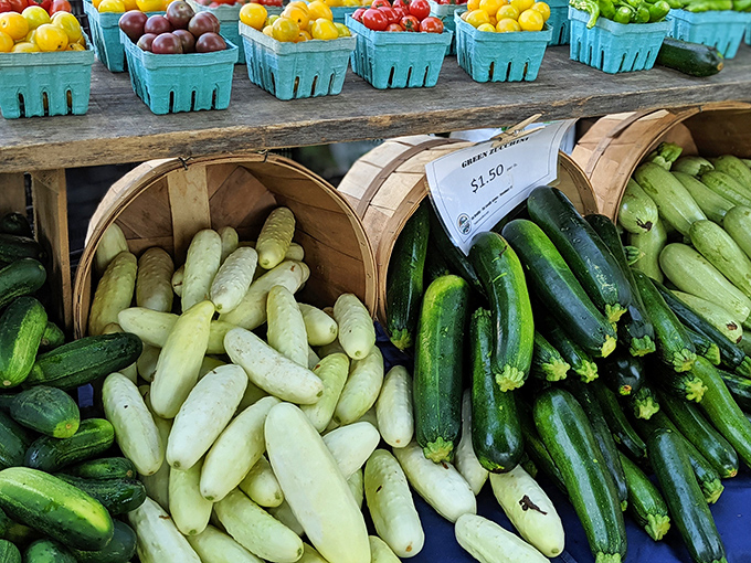 Farm-fresh produce adds vibrant color to the vintage landscape. These cucumbers and tomatoes weren't alive during the Nixon administration, unlike some of the furniture nearby.