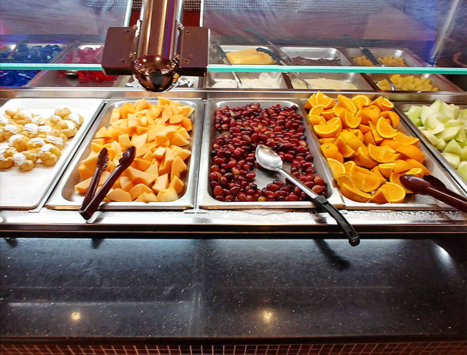The fruit section offers a moment of virtuous eating before you inevitably return to the General Tso's chicken for round three.