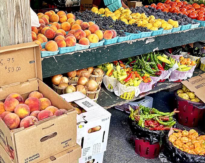 Summer's bounty in perfect formation &ndash; these peaches, grapes and peppers aren't just produce, they're edible artwork waiting for your canvas.