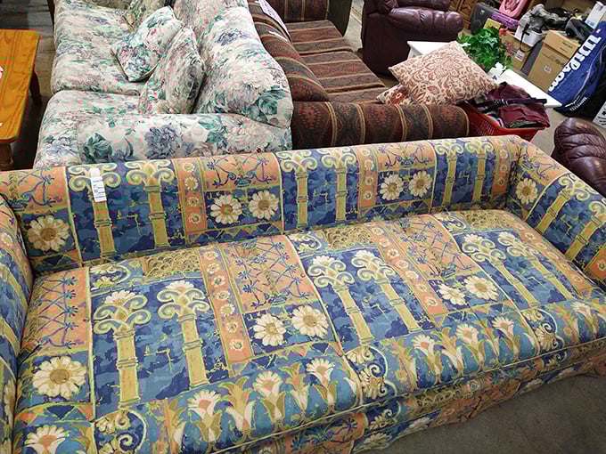 The couch collection: a textile time machine spanning decades of living room fashion. That floral pattern has witnessed some serious TV watching.
