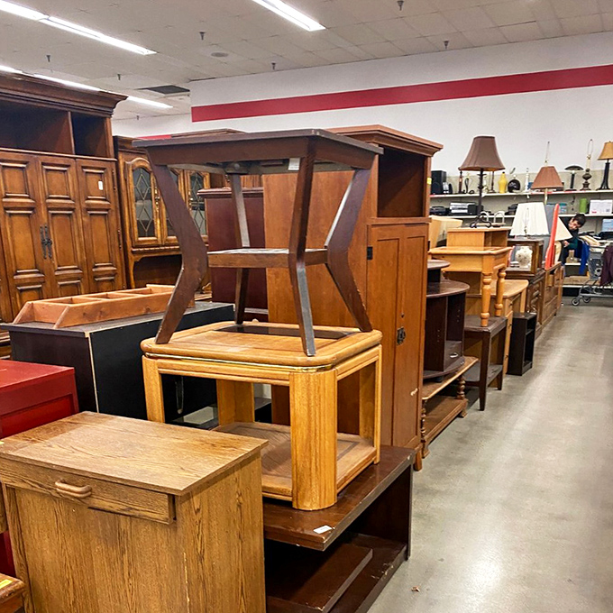 Furniture forest: Solid wood treasures from various decades stand ready for their comeback tour.