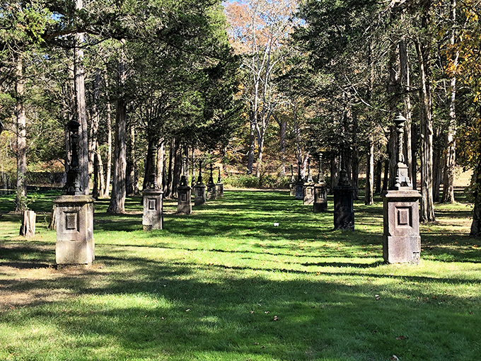 A gathering of pedestals in a woodland clearing—like a cocktail party for statues that's been going on for centuries.