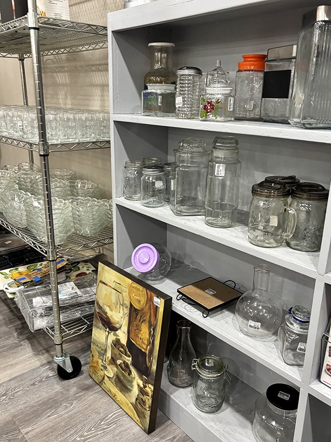 Mason jar collectors, rejoice! Glass vessels of every shape and size stand ready for your preserves, flower arrangements, or Pinterest-inspired projects.