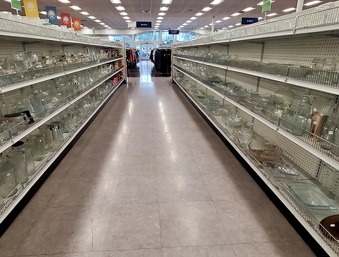 A corridor of glassware gleams under fluorescent lights&mdash;crystal, jars, and vases all whispering "take me home" to passing shoppers.