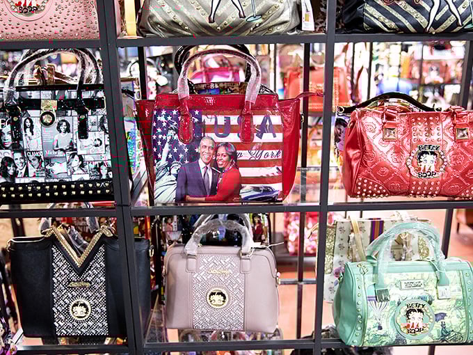 Handbags displaying everything from Betty Boop nostalgia to patriotic pride.
