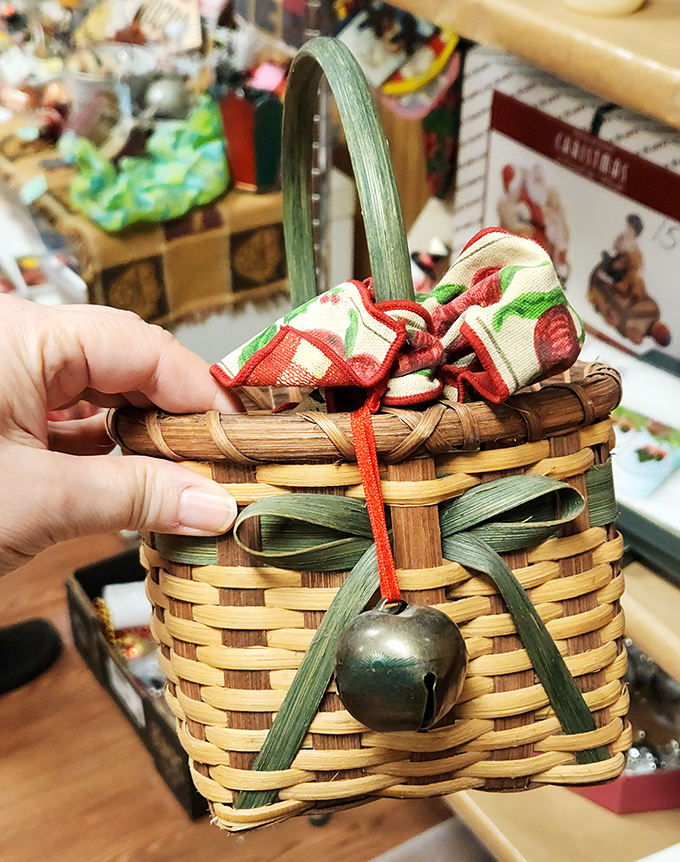 A handwoven basket with festive trim&mdash;someone's craft project becomes another's perfect holiday decoration.