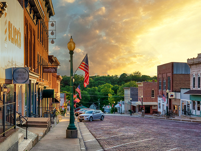 American flags flutter above brick-paved streets, creating that perfect small-town ambiance that big cities spend millions trying to recreate.