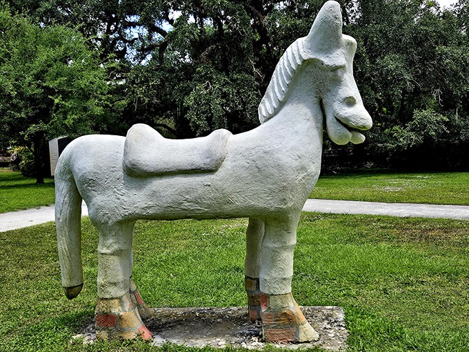 This noble steed stands eternally ready for quests that never come, the equestrian equivalent of dressing up with nowhere to go.