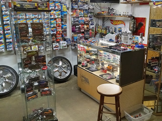 Hot Wheels heaven for collectors young and old. That glass case holds more childhood memories than a yearbook reunion.