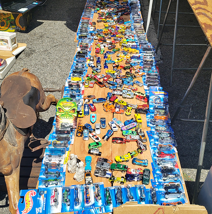 Miniature automotive dreams. This Hot Wheels collection transforms a simple wooden table into a racetrack of nostalgia for collectors young and old.