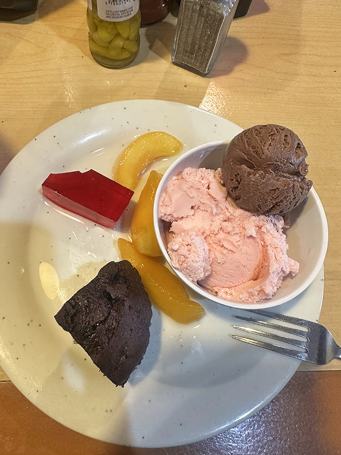 Ice cream and friends: chocolate, strawberry, and peach slices with jello&mdash;the dessert equivalent of a party where everyone gets along perfectly.