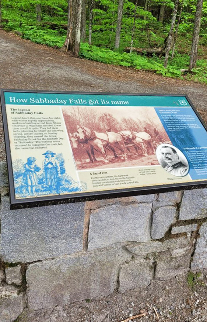 History etched in stone. This interpretive sign reveals how Sabbaday Falls got its distinctive name, proving that even waterfalls have origin stories worth telling.