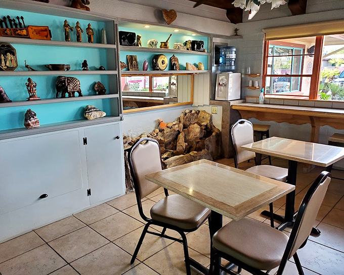 Shelves lined with cultural treasures create an atmosphere that's part restaurant, part museum, all comfort.