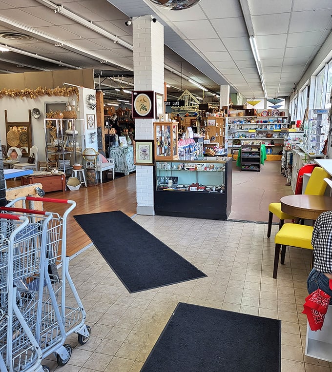 Sunlight streams through the windows, illuminating pathways through vintage treasures. Every aisle promises new discoveries and potential "remember when" moments.