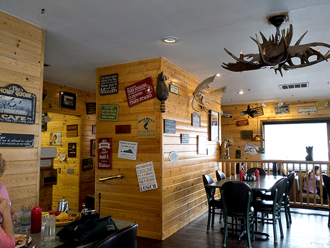 Wood-paneled walls covered in Alaskan wisdom and humor &ndash; reading the signs is like getting free entertainment with your meal.