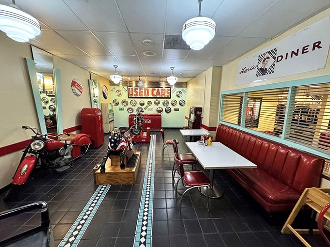 Red vinyl booths and checkerboard floors create the perfect backdrop for your "I found the coolest diner" social media humble-brag.