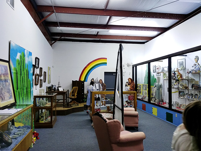 Inside the Land of Oz museum, displays showcase memorabilia beneath a hopeful rainbow. Somewhere over that rainbow, indeed!