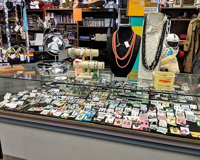 The jewelry counter sparkles with possibility&mdash;costume pieces and vintage accessories waiting to complete outfits not yet imagined.