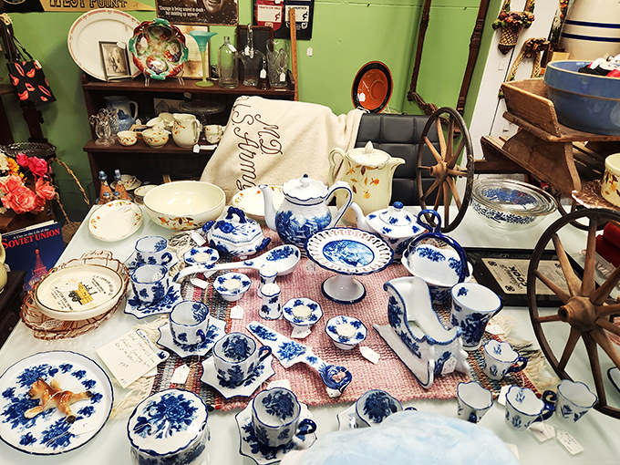 This blue and white china collection looks like it sailed straight from Holland into this Nebraska treasure trove.