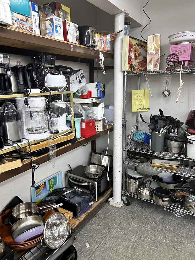 Small appliance heaven where coffee makers and blenders await resurrection. Your kitchen counter's potential new residents.