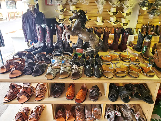 Leather sandals and western boots standing at attention. That bronze horse knows these aren't just shoes&mdash;they're Kentucky lifestyle statements.
