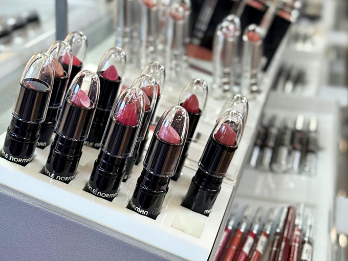 Lipstick displays tempt with colors as varied as Lake Erie's moods &ndash; from stormy grays to sunset pinks.