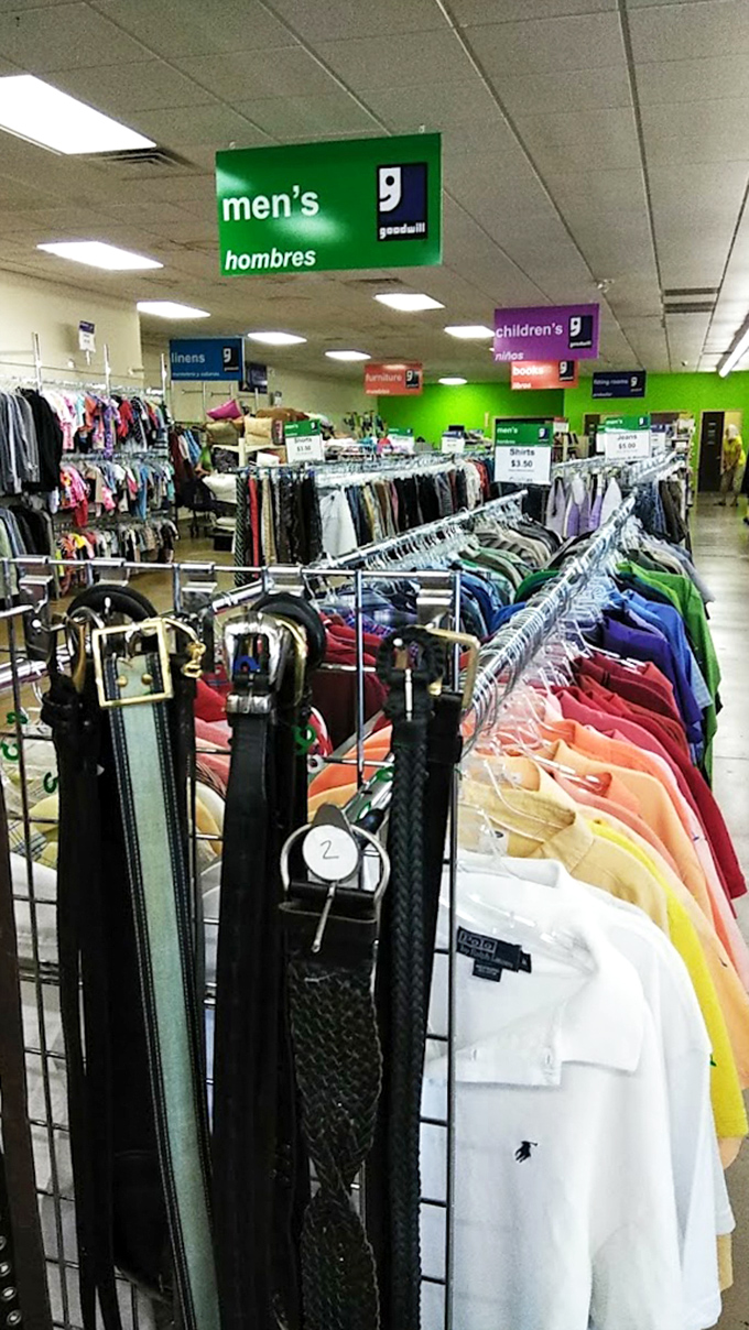 The men's section: a kaleidoscope of colors and patterns where yesterday's fashion becomes tomorrow's vintage look. Those belts have stories to tell.