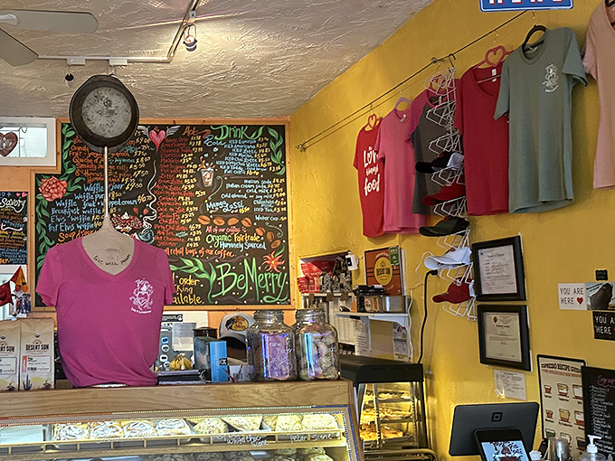 When your cafe merch is displayed with this much love, you know the food's going to be extraordinary. T-shirts that say "I survived breakfast bliss."