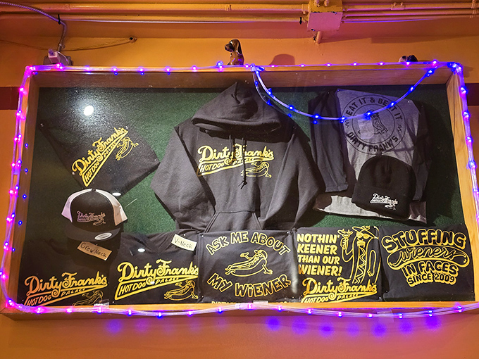 The merchandise display glows with pride, because wearing your hot dog loyalty on your sleeve (or chest) is perfectly reasonable behavior.