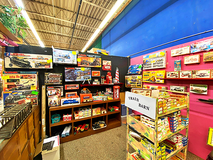 The Train Barn&mdash;where childhood dreams of locomotive mastery are boxed and waiting for new engineers.