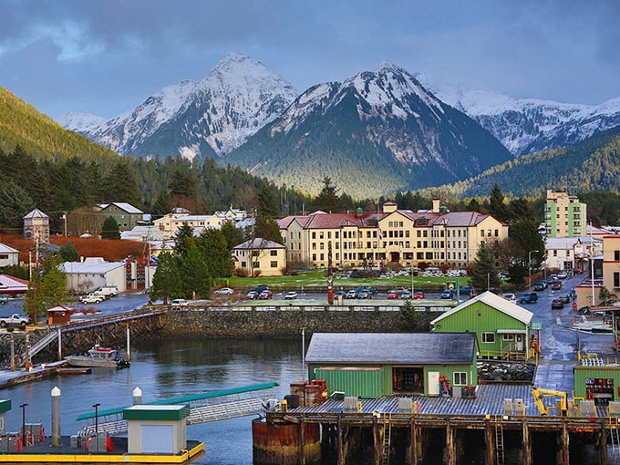 Sitka's harbor buildings huddle beneath mountains that remind humans daily of their proper place in the natural order of things.