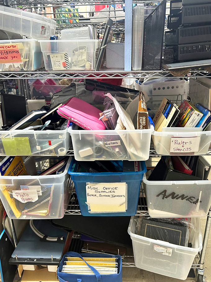 Office organization heaven for the detail-oriented bargain hunter. Those labeled bins contain everything from photo albums to rulers and stencils.