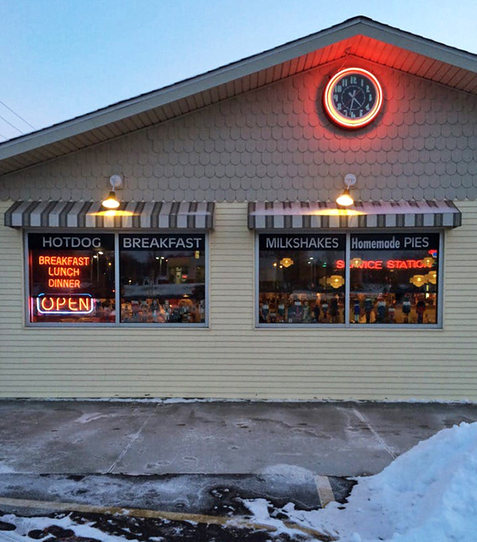 As darkness falls, the Nutcracker's neon glow becomes a beacon for hungry travelers. Those illuminated windows promise salvation from hunger.