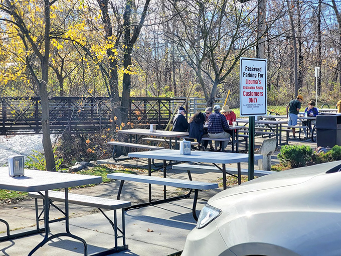 Outdoor picnic tables beside a gentle stream&mdash;nature's dining room. The perfect setting to enjoy your coney while watching the seasons change in Rochester.