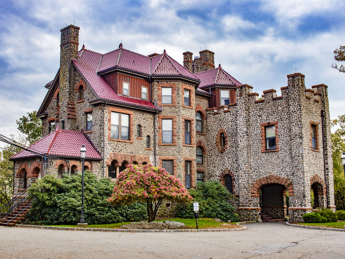 The full majesty of Kip's Castle on display. With its pink-hued roof and stone walls, it's the closest thing to European nobility in Essex County.