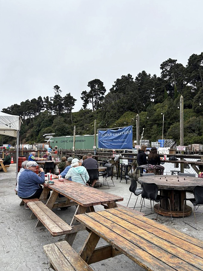 Weathered picnic tables with a view of the working harbor. This isn't ambiance they created&mdash;it's ambiance they inherited from generations of maritime life.